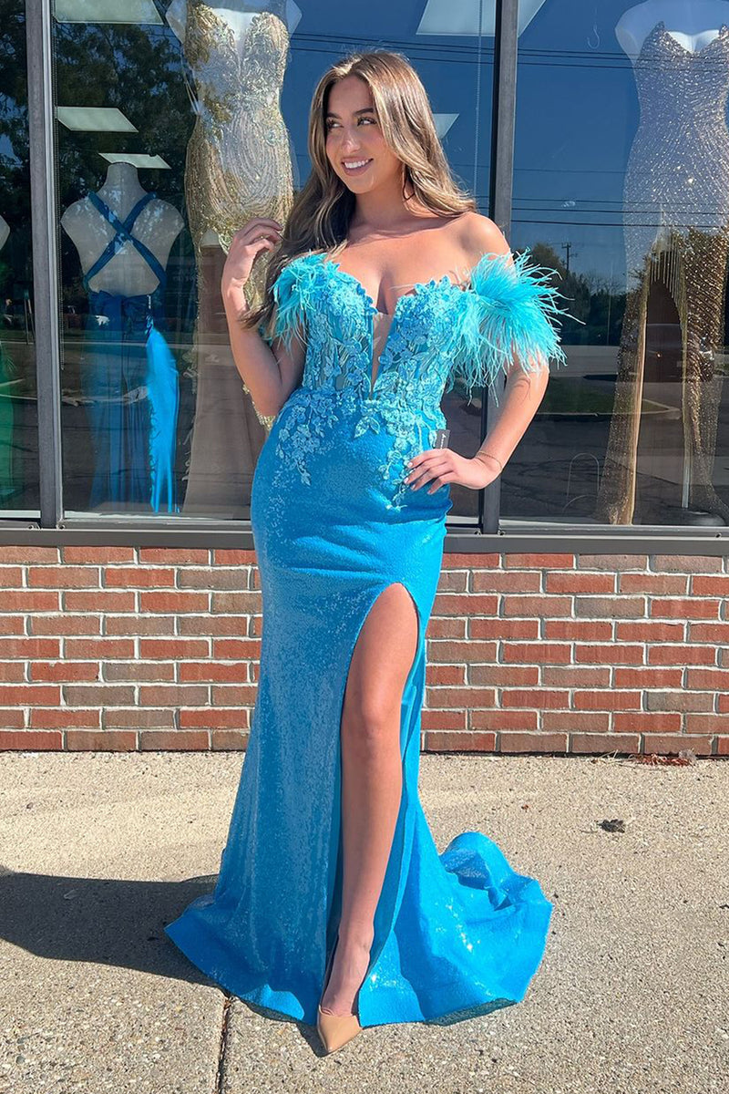 Hellymoon Women Sparkly Blue Prom Dress Appliques Mermaid Off The ...
