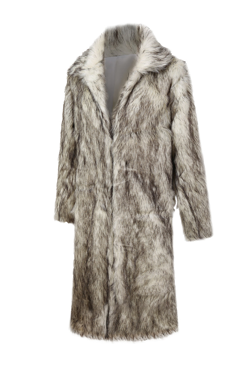 Hellymoon Men Light Grey Faur Fur Coat Long Sleeve Fluffy Jacket ...