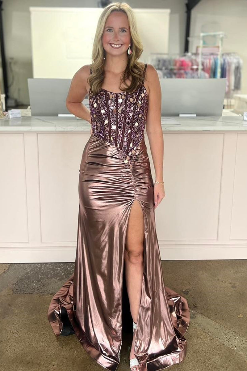 Hellymoon Women Glitter Copper Prom Dress Metallic Beaded Spaghetti ...
