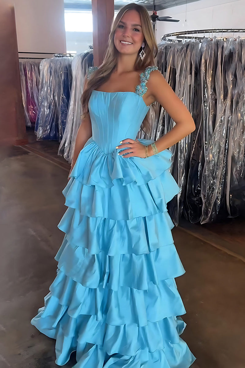 Hellymoon Women Blue Tiered Prom Dress with Ruffles Spaghetti Straps ...