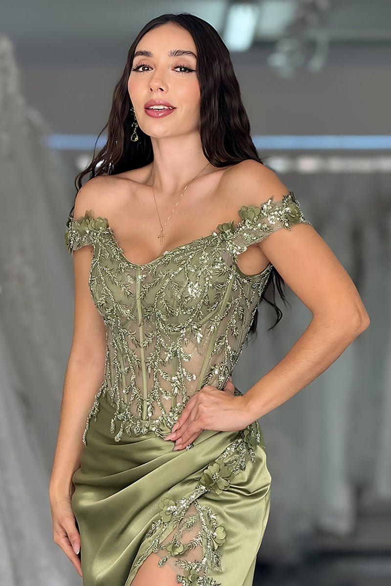Hellymoon Women Green Off The Shoulder Prom Dress Satin Mermaid Corset ...