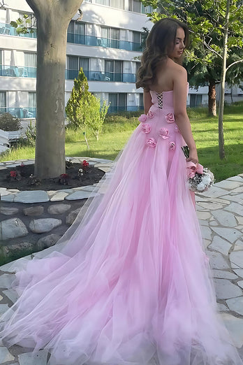 Hellymoon Women Strapless Pink Prom Dress with 3D Flowers Sheath Satin ...