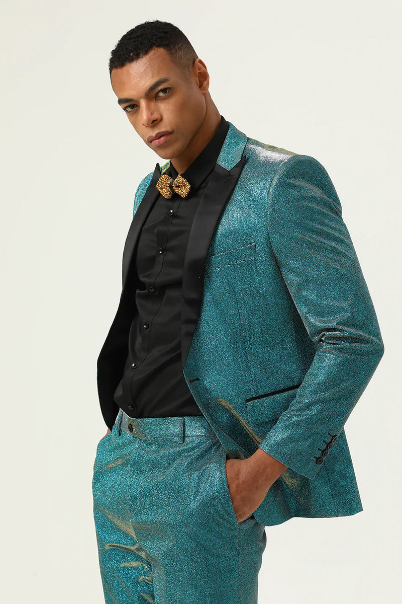 Hellymoon Glitter Peacock Blue Peak Lapel One Button 2 Piece Men's ...