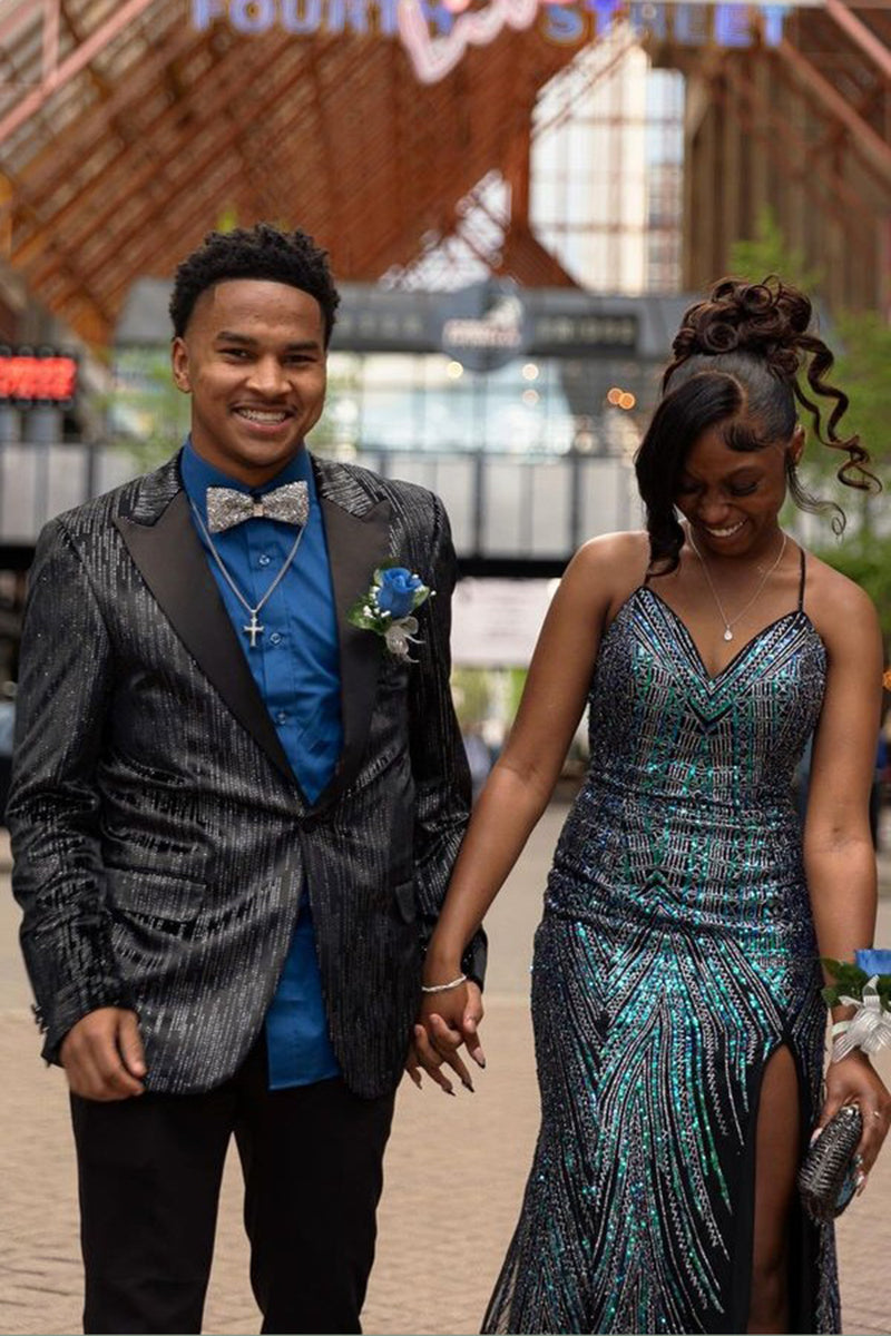 Hellymoon Men Sparkly Striped Black 2 Pieces Peak Lapel Men Prom Suits ...