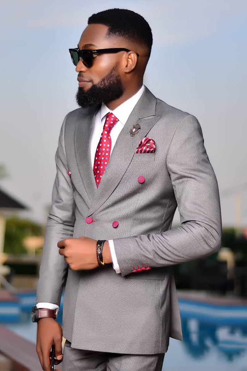 Hellymoon Men's Grey Prom Suits Peaked Lapel Slim Fit 2 Pieces Double ...