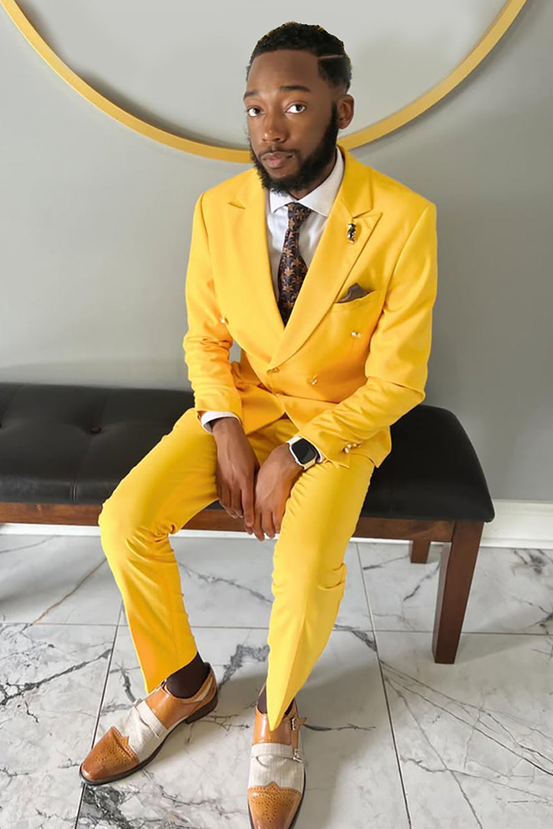 Hellymoon Men's Yellow Prom Suits Peaked Lapel Slim Fit 2 Pieces Double ...
