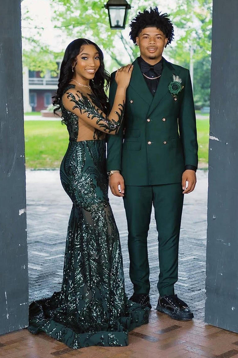 Hellymoon Men's Prom Suits Dark Green Peaked Lapel Double Breasted Slim ...
