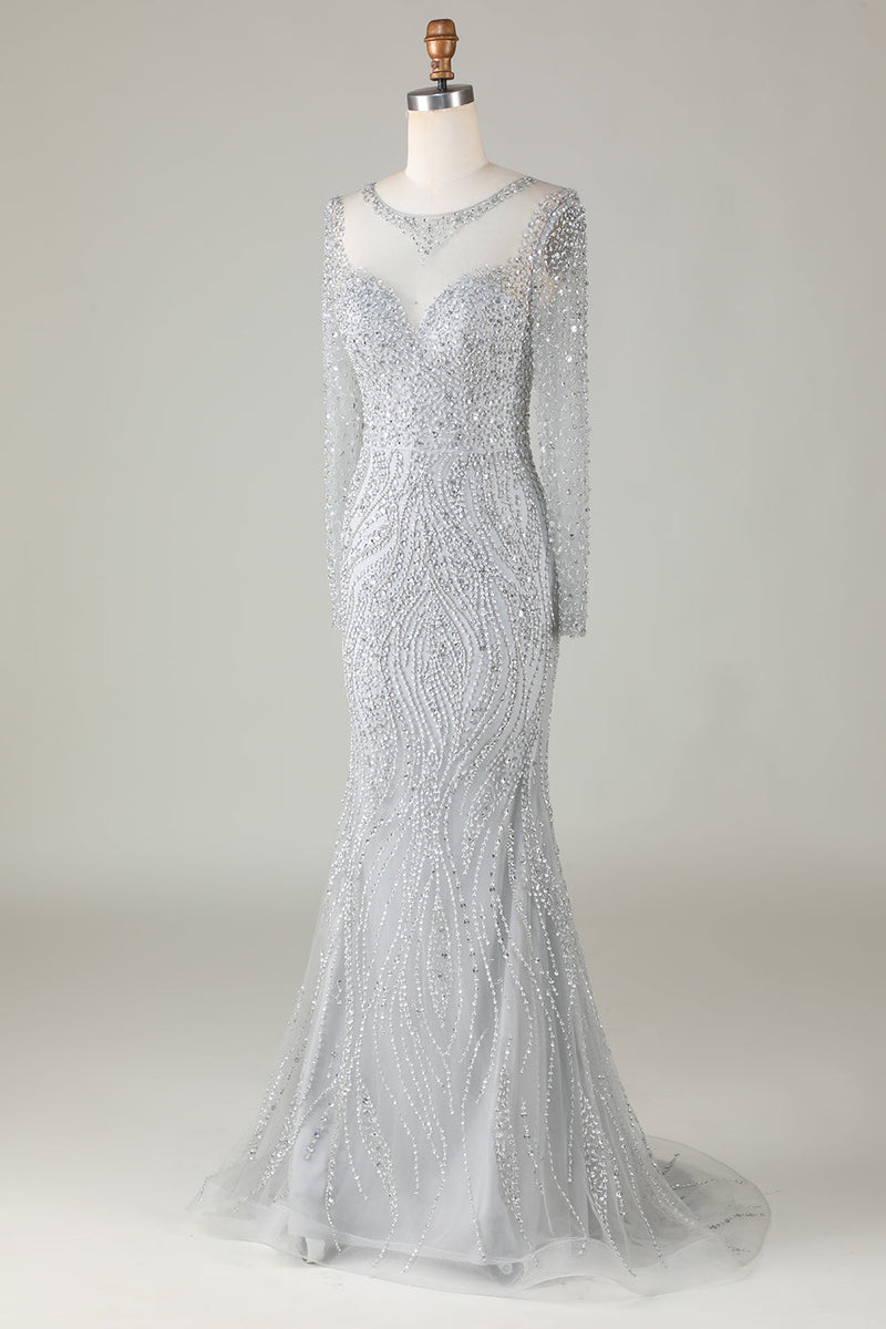 Hellymoon Women Gorgeous Sparkly Grey Beaded Mermaid Long Prom Dress ...