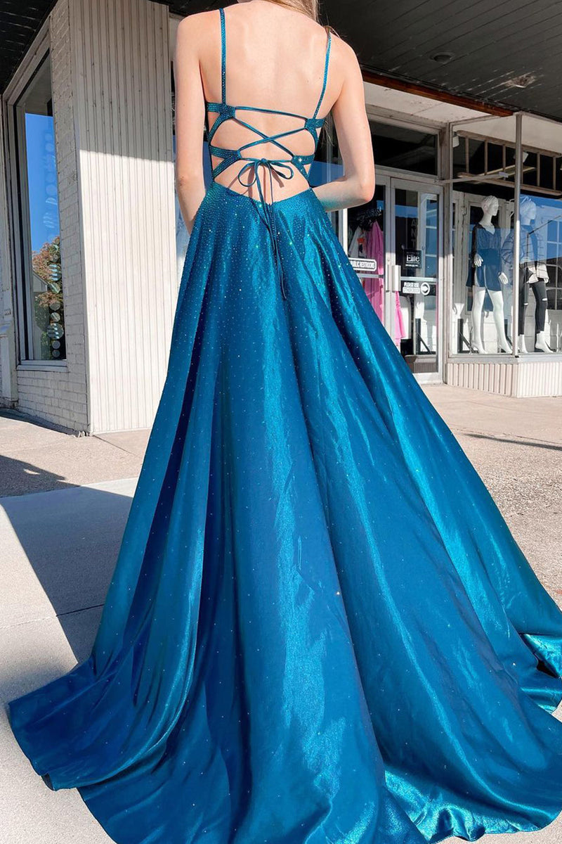 Hellymoon Women Long Prom Dress Blue Lace-up Sparkly Party Dress with ...