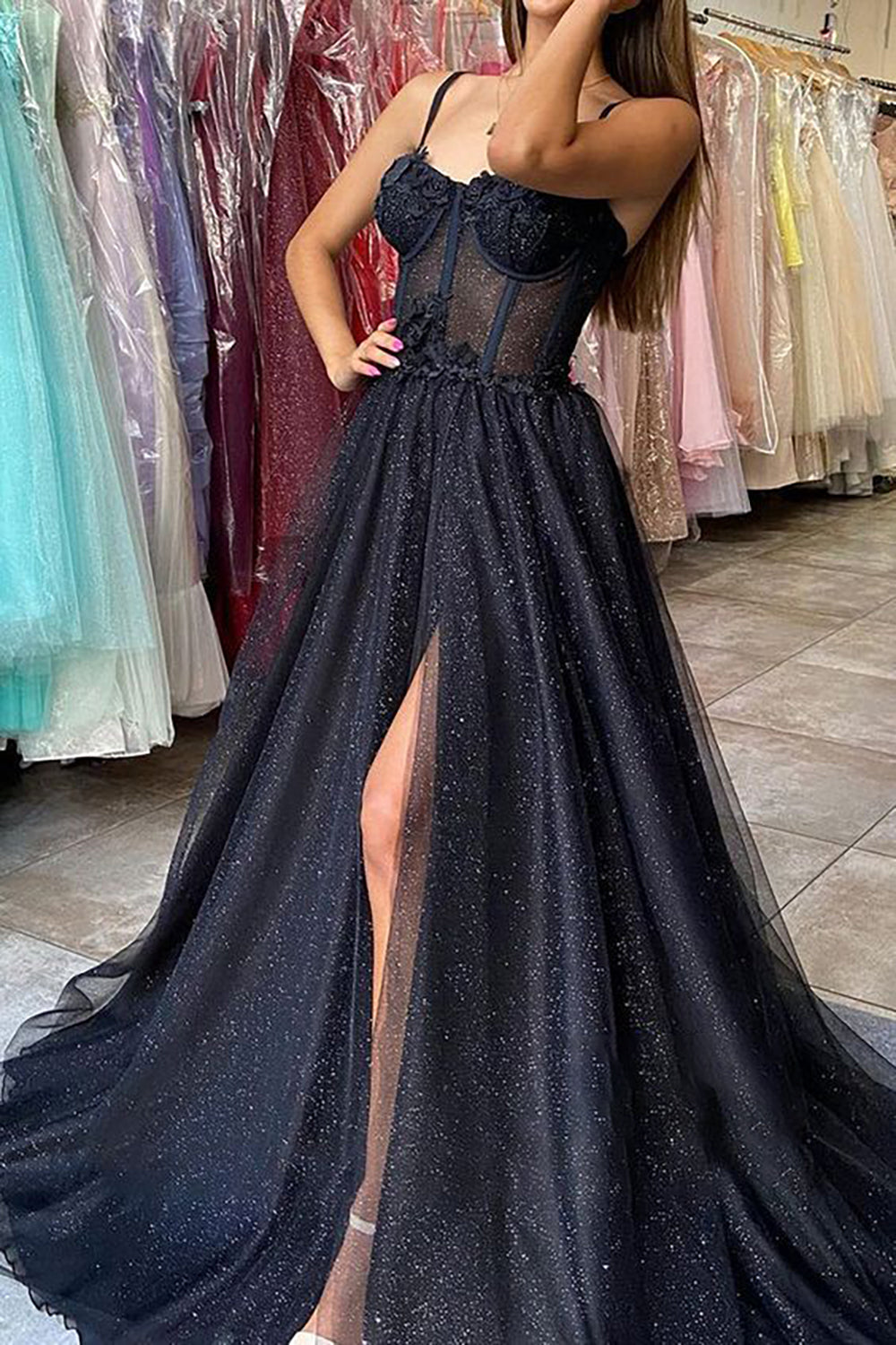 Hellymoon Women Black Tulle Corset Prom Dress with Slit Spaghetti ...