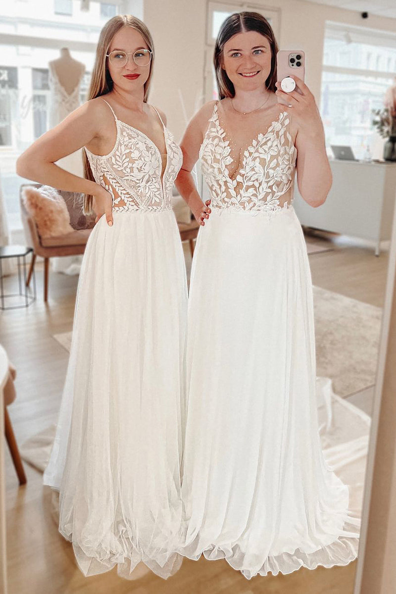 Hellymoon Women White Boho Long Chiffon Wedding Dress with Lace ...