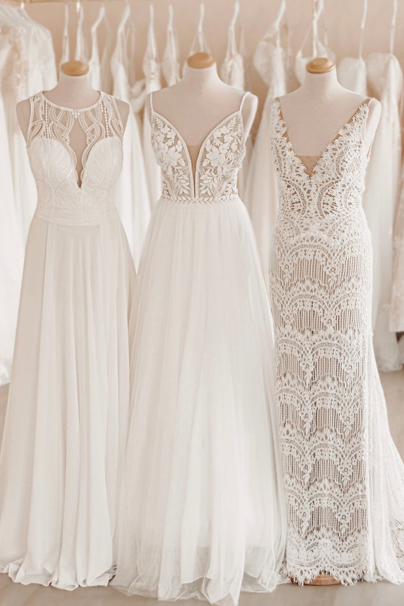 Hellymoon Women White Boho Long Chiffon Wedding Dress with Lace ...